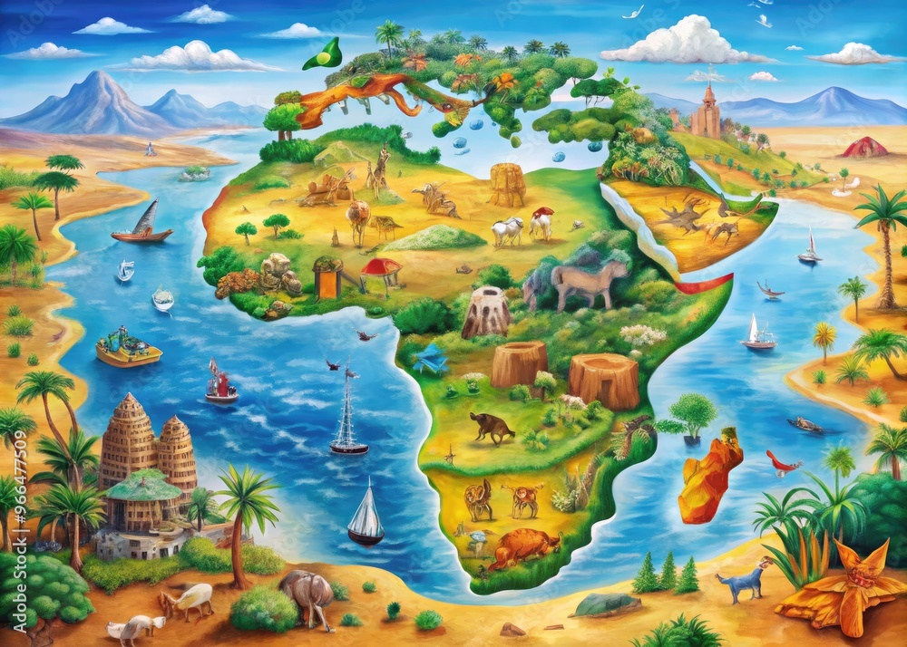 Vibrant colorful map of Africa showcasing diverse landscapes, from ...