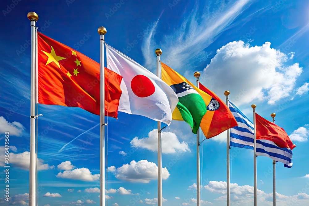 Vibrant flags of various Asian countries, including China, Japan, South ...