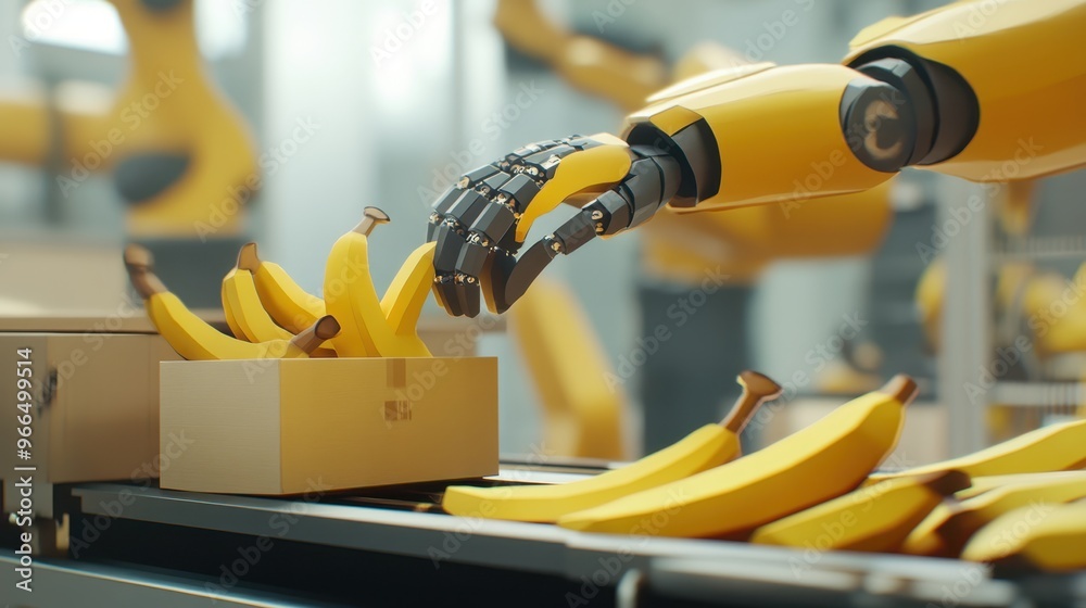 Cartoon Banana box in conveyor belt with hi-tech robot hand at industry ...