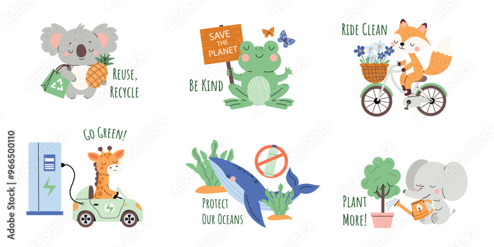 Cute eco Set of flat style with giraffe, koala, frog, fox, and whale ...