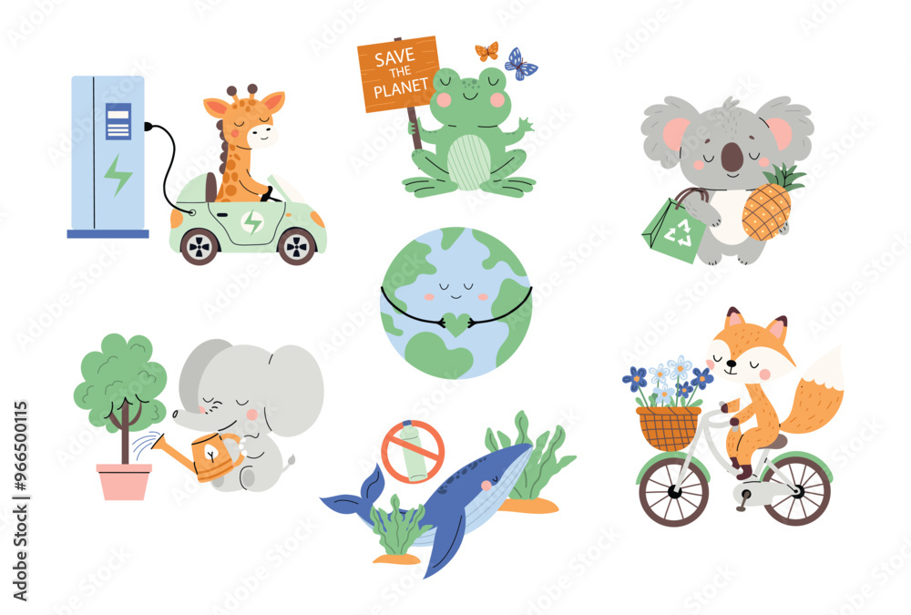 Eco-friendly set with cute animals and earth. Flat cartoon illustration ...