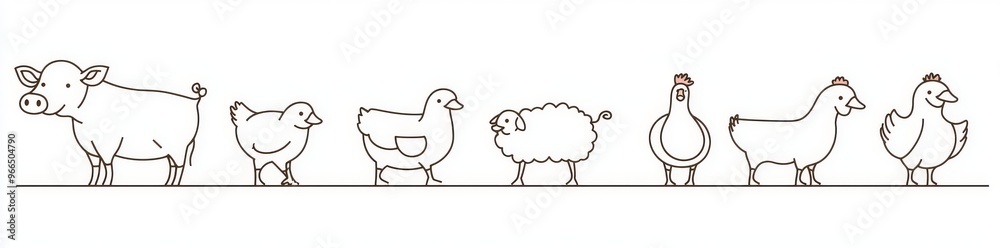 The outline of a farm animal drawing. Cow, Pig, Sheep, Rooster, Chicken ...