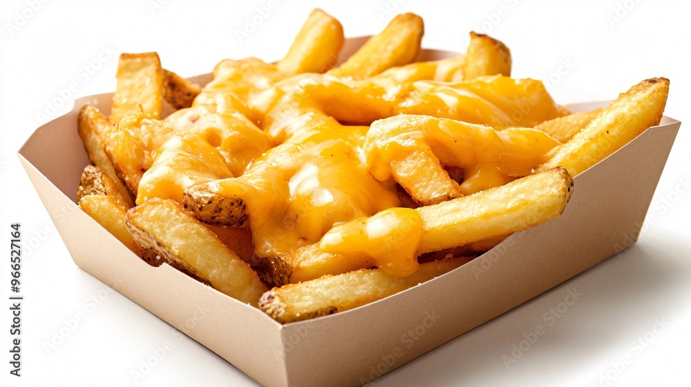 Cardboard container overflowing with french fries and melted cheese ...