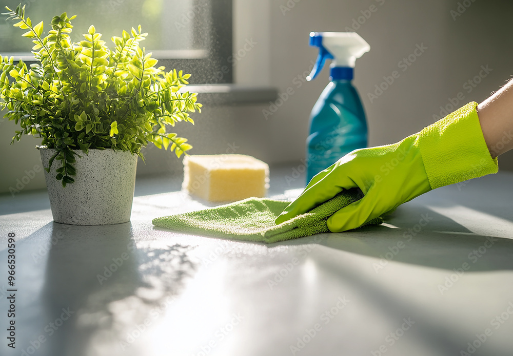 Cleaning home table sanitizing kitchen table surface with disinfectant ...
