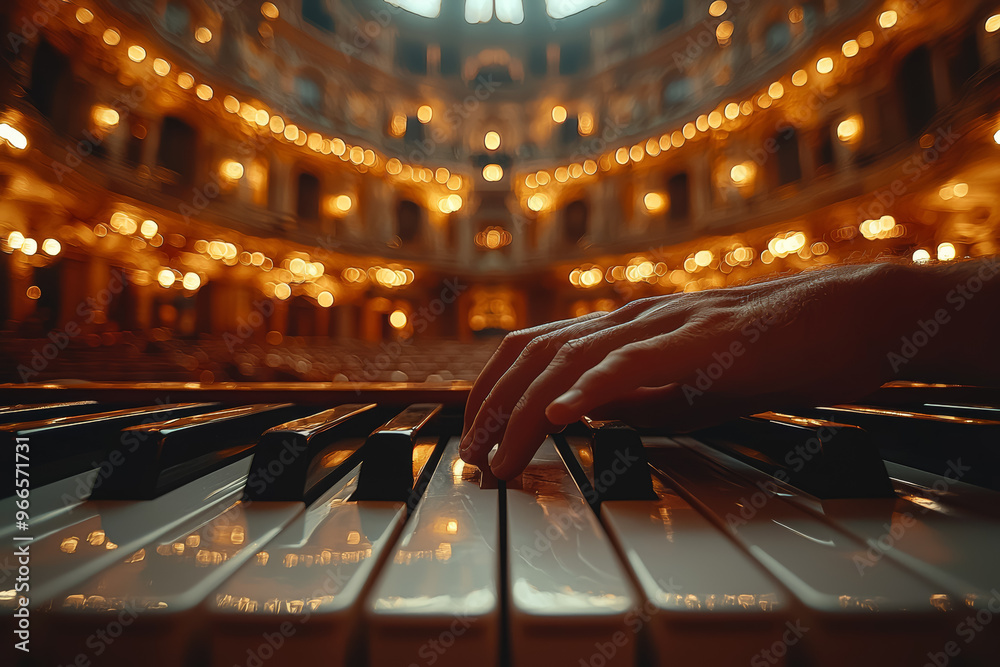The rhythmic tapping of a pianist's fingers on the keys in a quiet ...