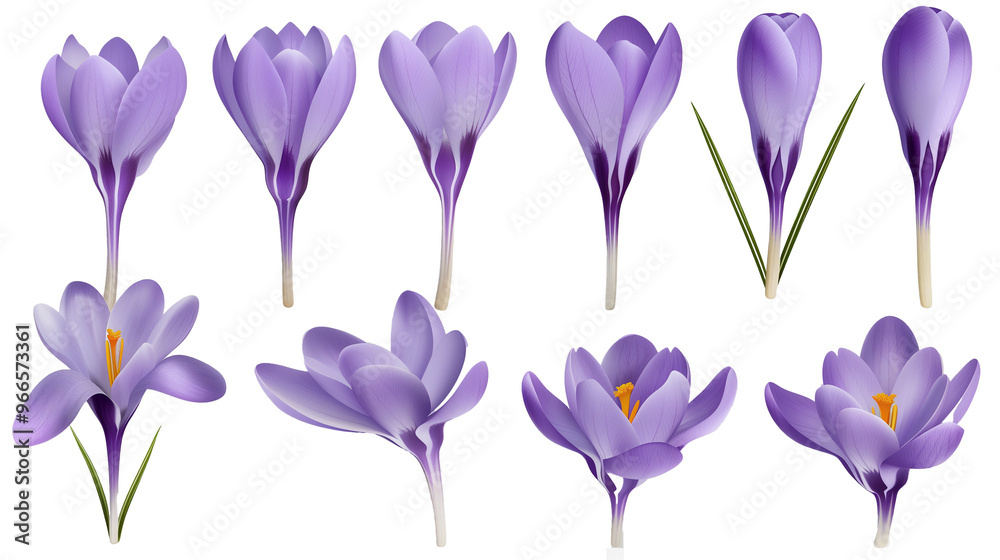 Crocus flowers, multiple angles view side top front group whole ...