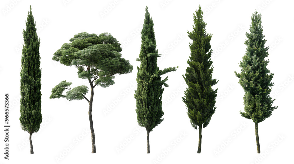 Cypress trees, multiple angles view side top front group, various ...