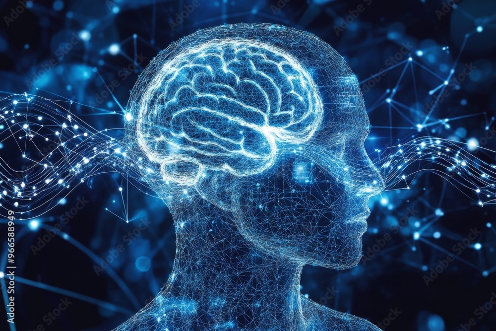 Cognitive processes thought transmission and neuron modulation digital wireframe head with ...
