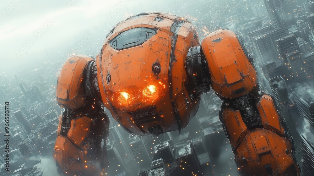 colossal futuristic robot towering orange mechanical being with glowing ...