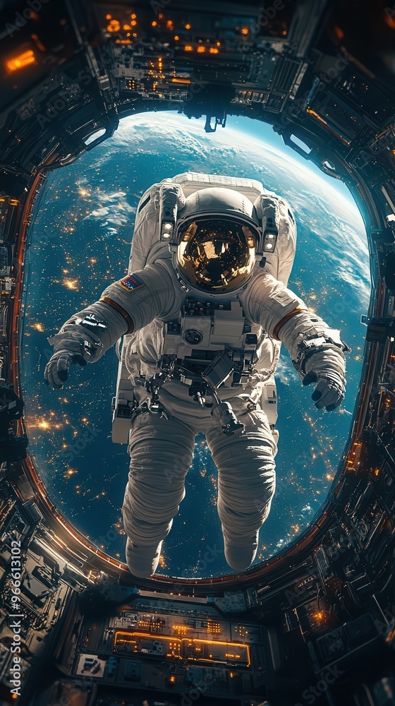 astronaut floating in zero gravity inside futuristic space station earth visible through large ...