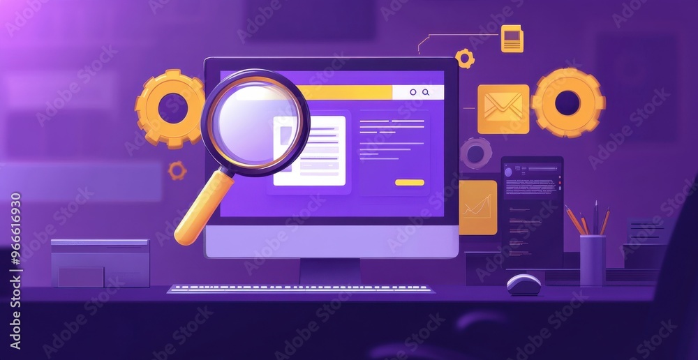 Online search engine interface with magnifying glass and digital ...
