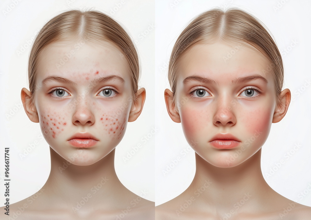 Cosmetology. Before and after comparison of woman with acne and clear ...