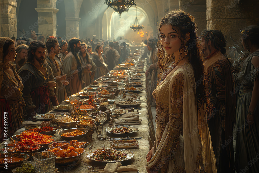 A medieval banquet hall with long tables laden with feasting dishes ...