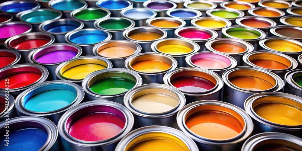 Vibrant array of open paint cans displaying a spectrum of colors for ...