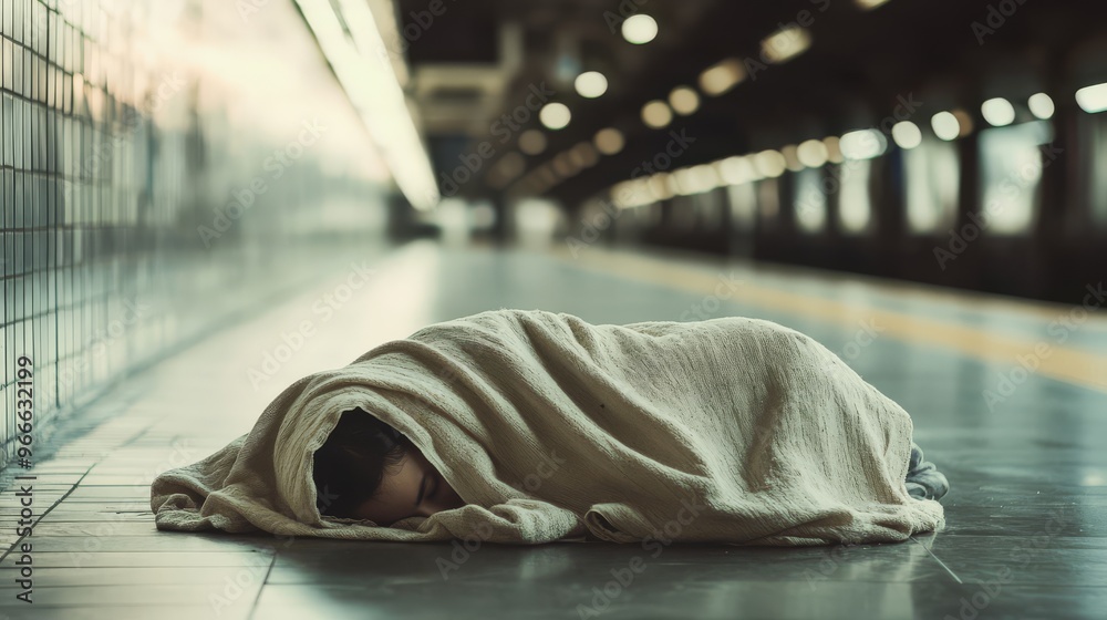 Person sleeping under a blanket on an empty subway platform ...