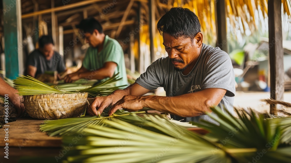 Traditional artisans crafting with palm leaves, showcasing detailed ...