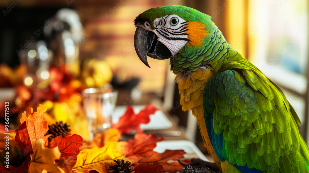 Green And Yellow Macaw Parrot With Fall Leaves For Thanksgiving Dinner ...