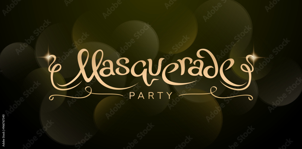 masquerade party invitation design with gold lettering font isolated ...