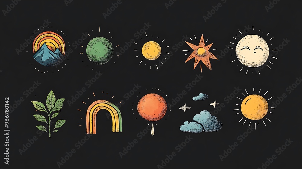 Hand-drawn icon set for a nature app, featuring icons for different ...