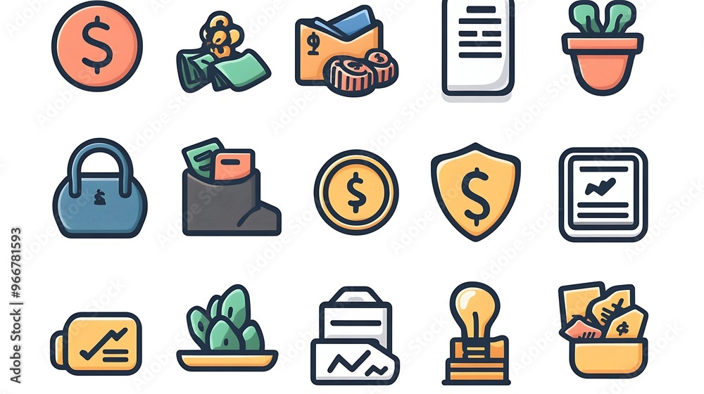 Minimalistic 2D icon set for a finance app, featuring icons for ...