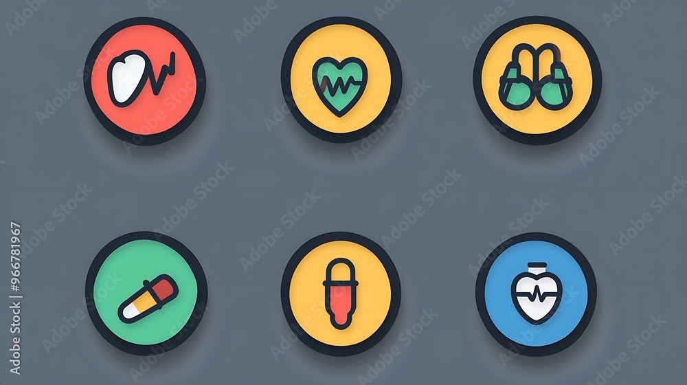 Minimalistic 2D icon set for a health app, featuring icons for ...