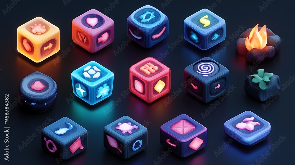 3D illustrated icon set for a game app, featuring icons for different ...