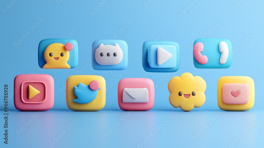 3D illustrated icon set for a messaging app, featuring icons for ...