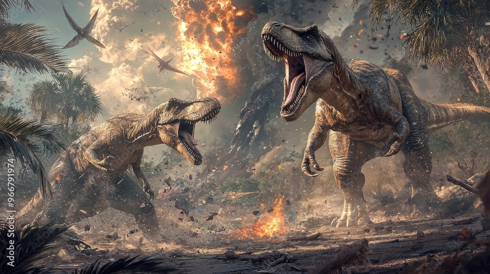 Tyrannosaurus Rex Dinosaur Fight Volcano Eruption Stock Illustration ...