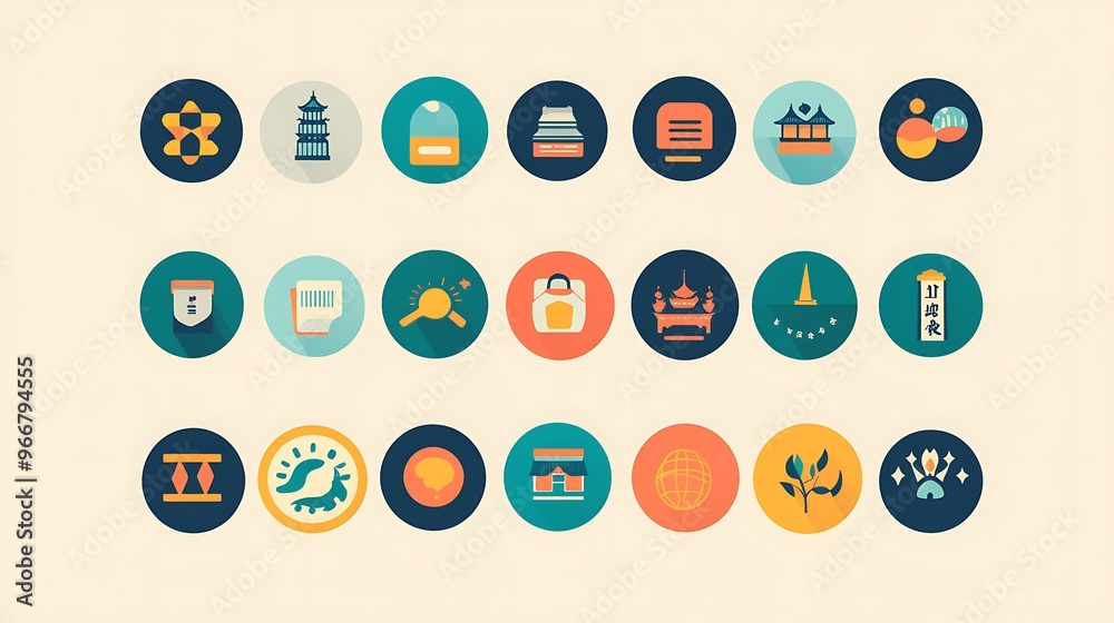 Flat vector icon set for a language learning app, featuring icons for ...