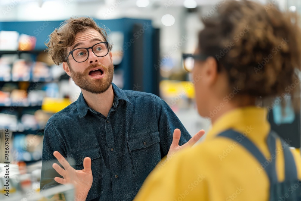 Angry customer arguing with a cashier at a retail store, frustration ...