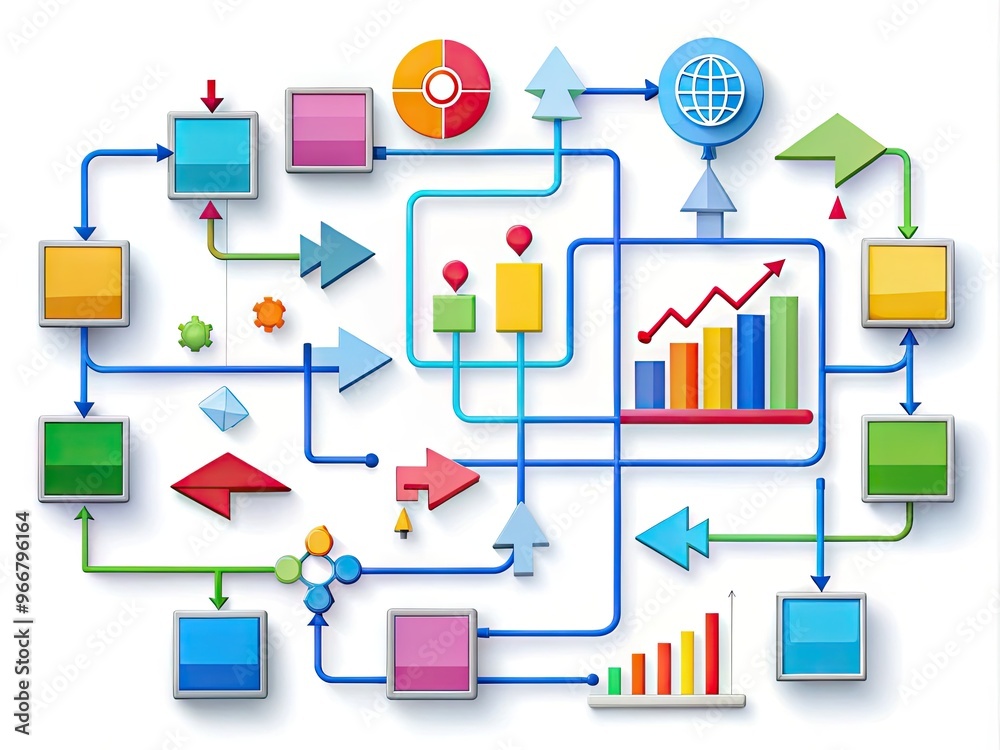 Brightly colored diagrams illustrating complex business processes and ...