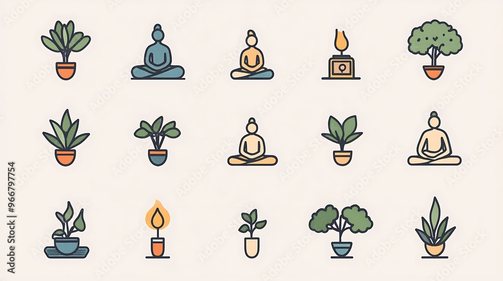 Hand-drawn icon set for a mindfulness app, featuring icons for ...