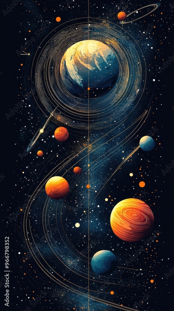 Solar system illustrated in flat design style with bold shapes, clean ...