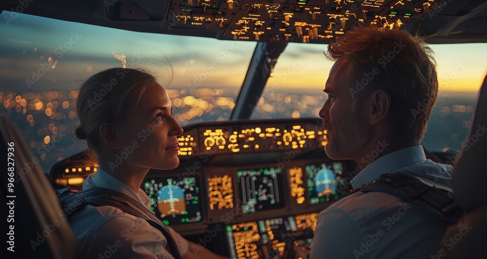 Pilot and co-pilot reviewing flight plans before departure in the ...