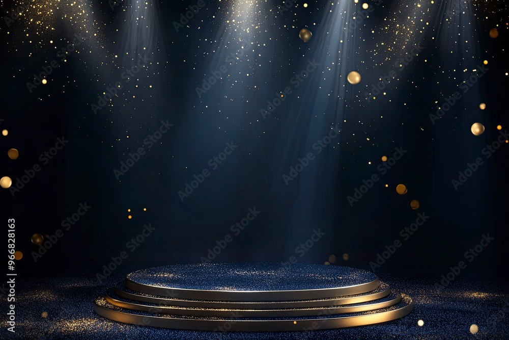Dark blue stage with golden spotlight lines and glitter texture for award ceremony design ...