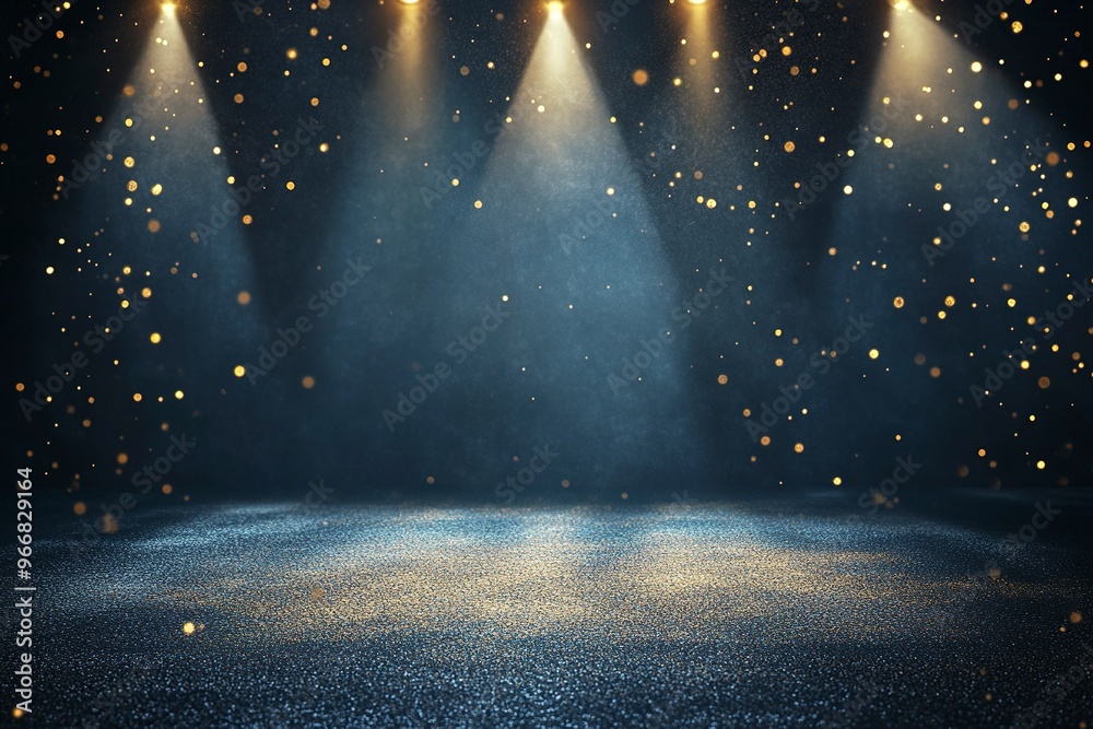 Dark blue stage with golden spotlight lines and glitter texture for ...