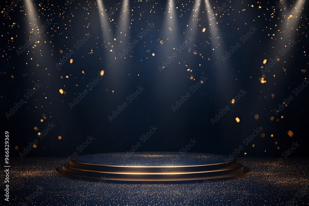 Dark blue stage with golden spotlight lines and glitter texture for ...