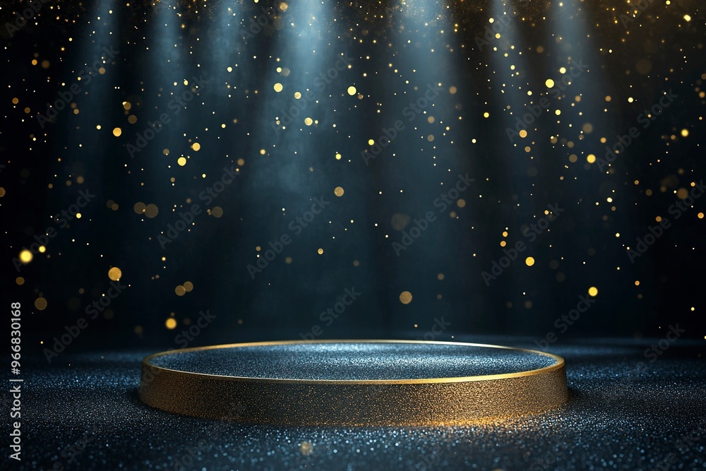 Dark blue stage with golden spotlight lines and glitter texture for award ceremony design ...