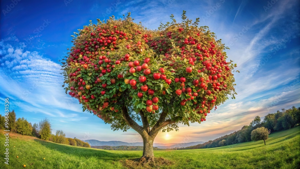 Red apple tree forming a heart shape with a fisheye lens effect ...