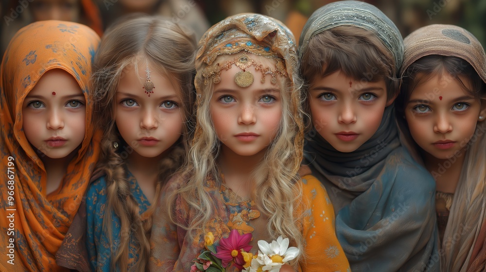 Five young girls dressed in traditional clothing with flower crowns ...