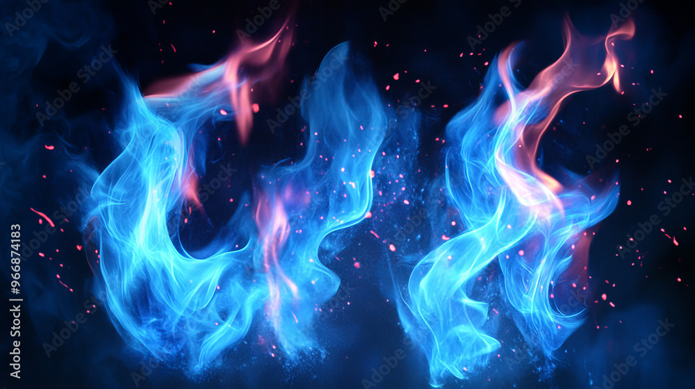 Three blue fire flames with red sparks are shown in this design. The ...