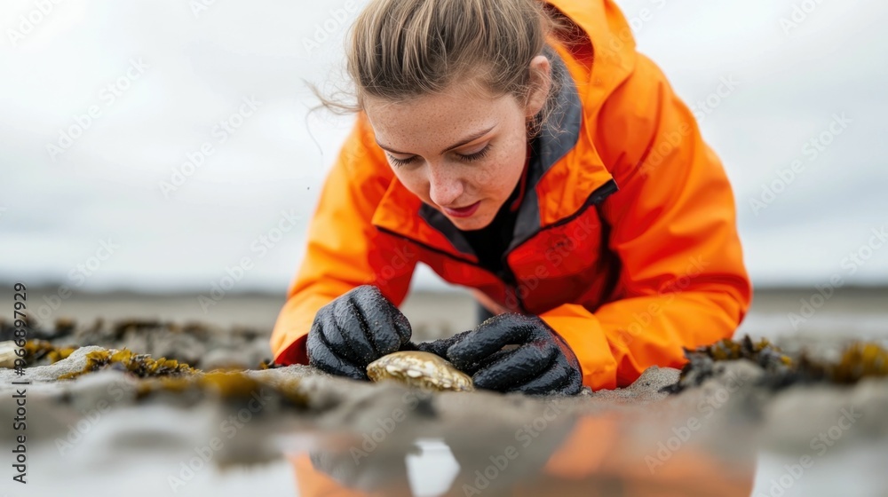Biologist Studying Diverse Marine Life in a Tide Pool During Low Tide ...