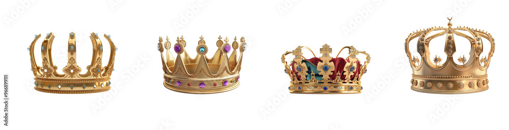 Collection set of 3D king crown isolated on transparent white ...