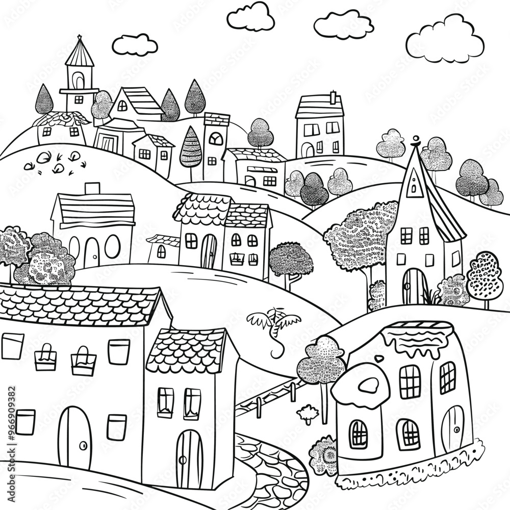 Cartoon of a small town coloring page for kids, Village Scene Coloring ...