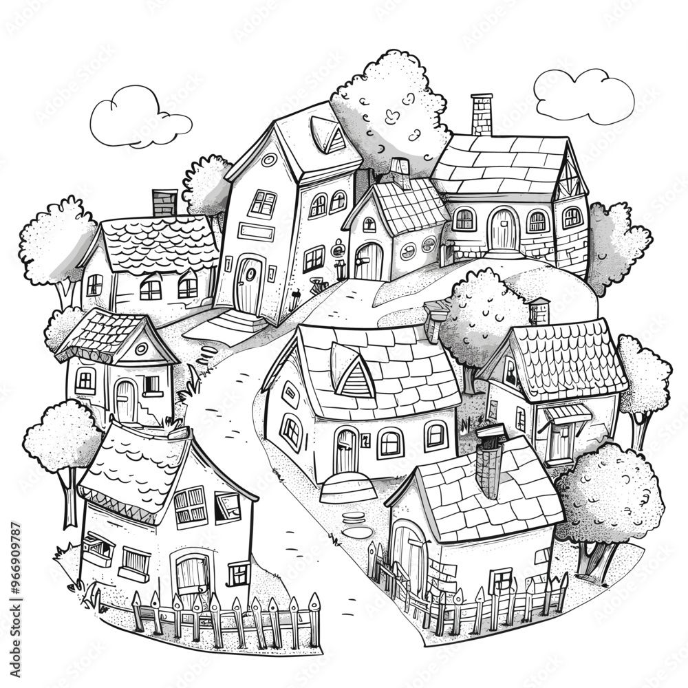 Cartoon of a small town coloring page for kids, Village Scene Coloring ...