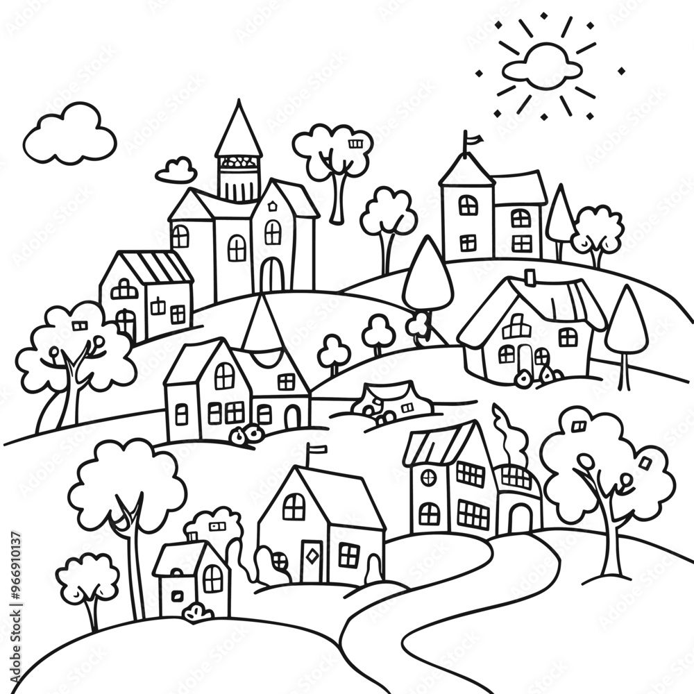 Cartoon of a small town coloring page for kids, Village Scene Coloring ...