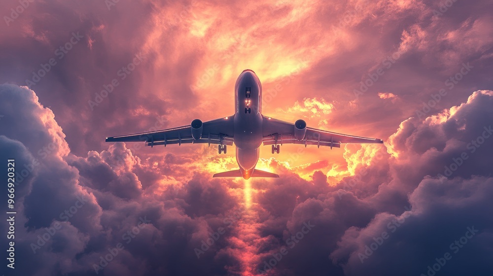 A horizontal view of a plane taking off into a dramatic sky with sunset ...