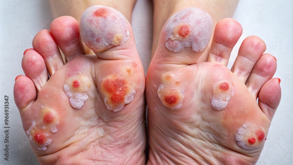 Large, painful blisters on the feet feature inflamed red skin with ...