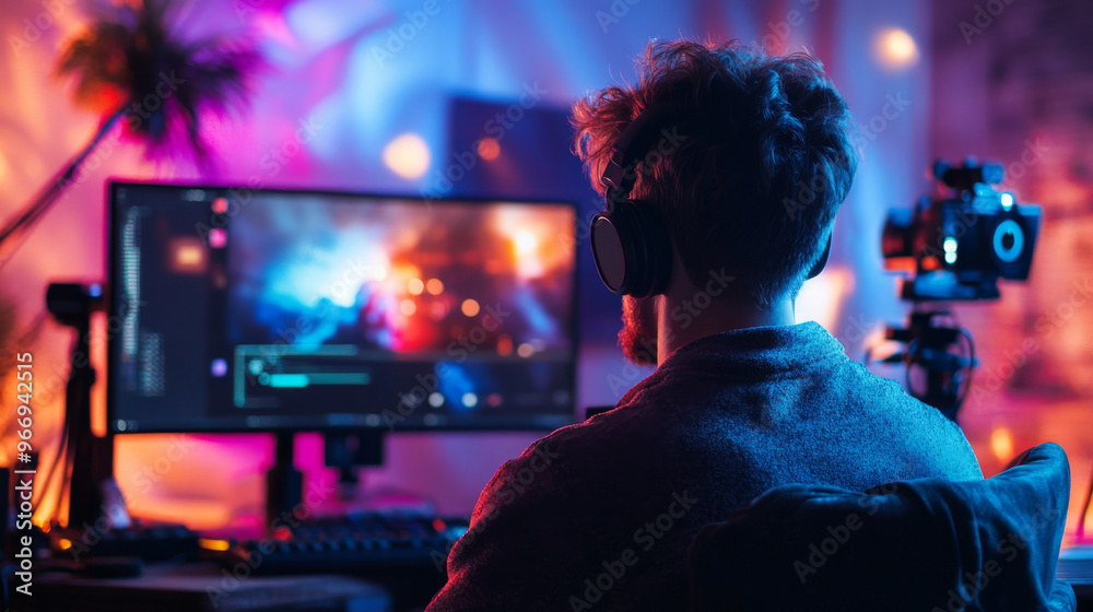 Entertainment content creator recording a reaction video with a dynamic ...