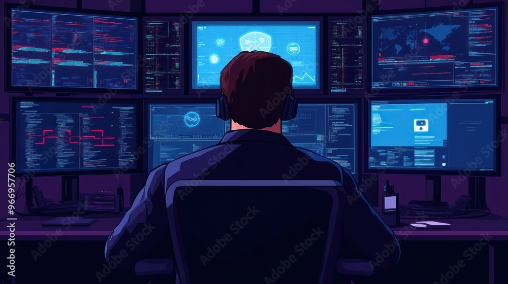 Hacker in Dark Room with Multiple Monitors. Stock Illustration | Adobe Stock